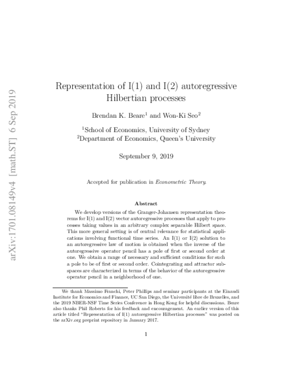 (PDF) Representation of I(1) and I(2) Autoregressive Hilbertian Processes