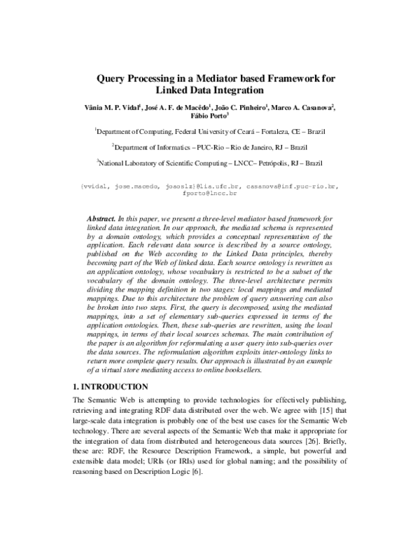 (PDF) Query Processing in a Mediator Based Framework for Linked Data Integration