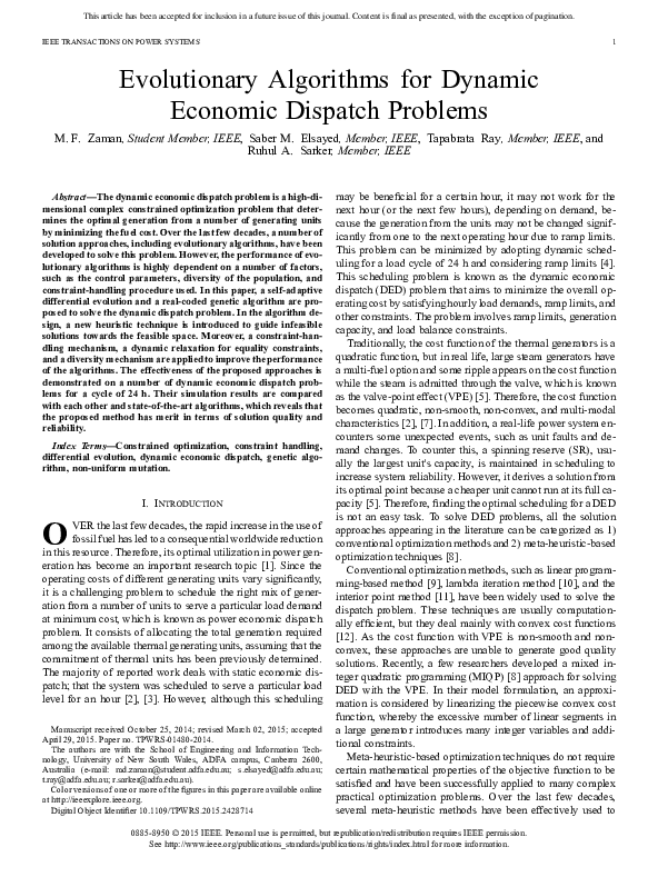 Pdf Evolutionary Algorithms For Dynamic Economic Dispatch Problems Ruhul Sarker