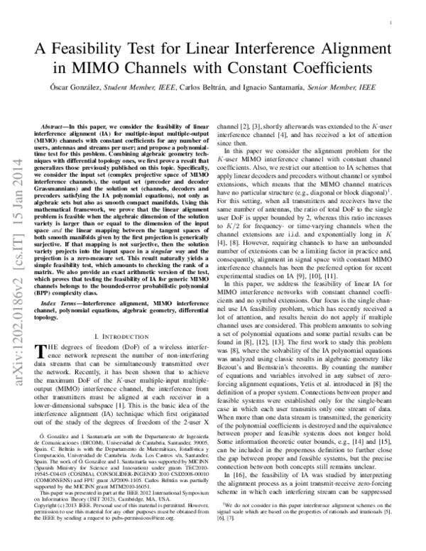 Pdf A Feasibility Test For Linear Interference Alignment In Mimo