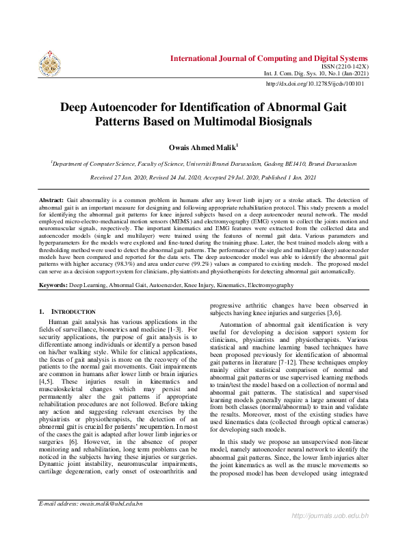 Pdf Deep Autoencoder For Identification Of Abnormal Gait Patterns