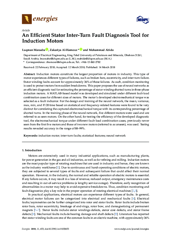 Pdf An Efficient Stator Inter Turn Fault Diagnosis Tool For Induction