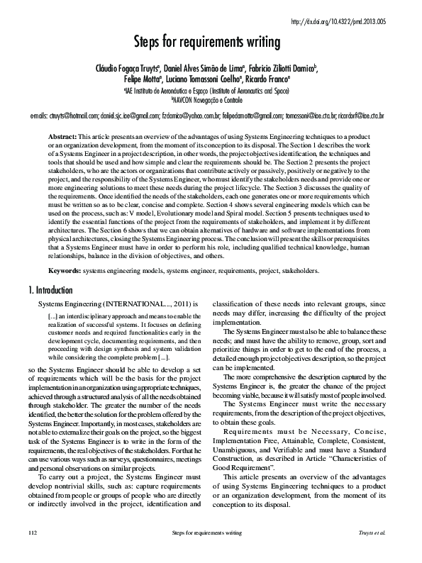 (PDF) Steps for requirements writing