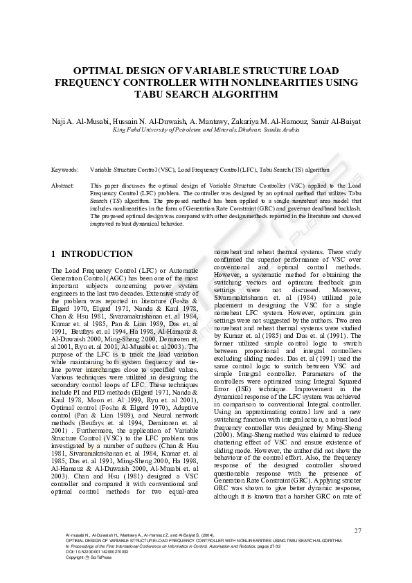 (PDF) Optimal Design of Variable Structure Load Frequency Controller with Nonlinearities Using ...