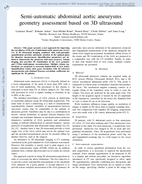 (PDF) Semi-automatic abdominal aortic aneurysms geometry assessment based on 3D ultrasound