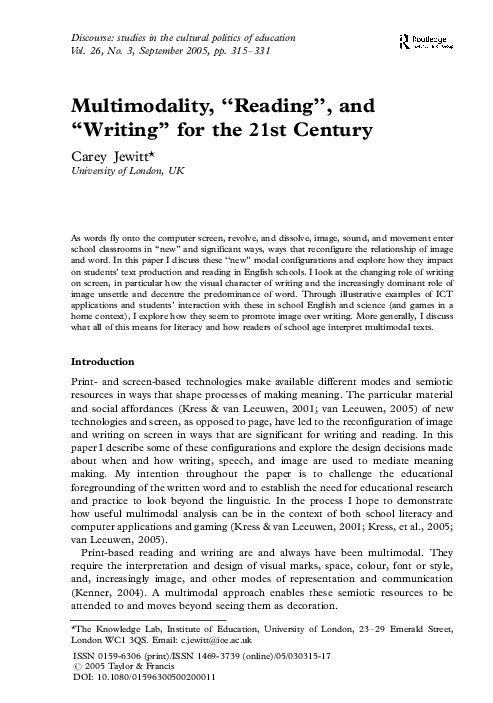 (PDF) Multimodality, “Reading”, and “Writing” for the 21st Century