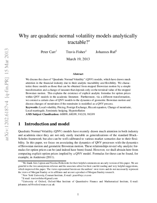 (PDF) Why Are Quadratic Normal Volatility Models Analytically Tractable?