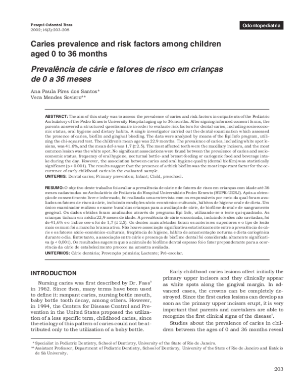 (PDF) Caries Prevalence and Risk Factors Among Children Aged 0 to 36 Months