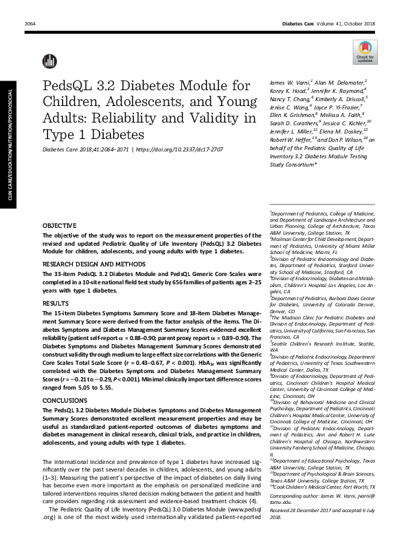(PDF) PedsQL 3.2 Diabetes Module for Children, Adolescents, and Young ...