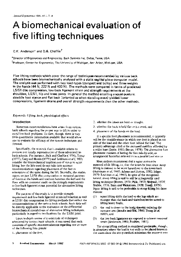 (PDF) A biomechanical evaluation of five lifting techniques