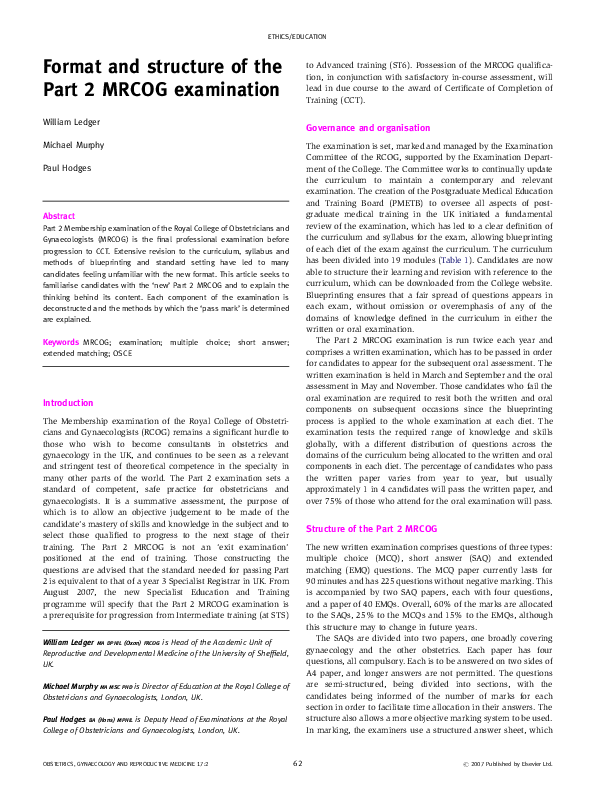 (PDF) Format and structure of the Part 2 MRCOG examination