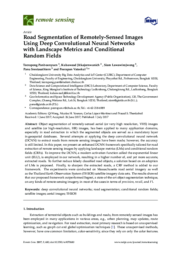 Pdf Road Segmentation Of Remotely Sensed Images Using Deep Convolutional Neural Networks With