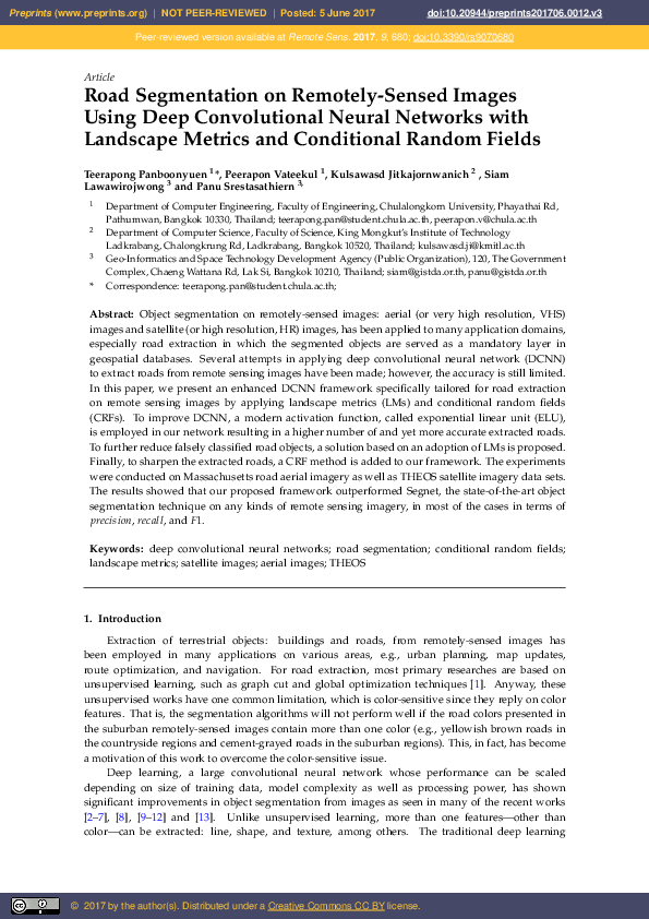 Pdf Road Segmentation On Remotely Sensed Images Using Deep Convolutional Neural Networks With