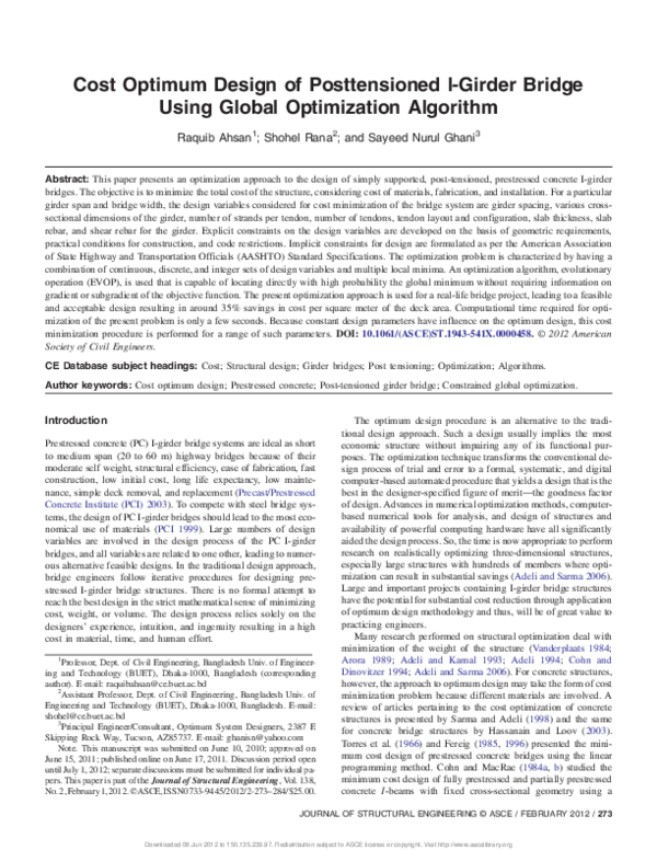 (PDF) Cost Optimum Design of Post‐Tensioned I‐Girder Bridge Using Global Optimization Algorithm