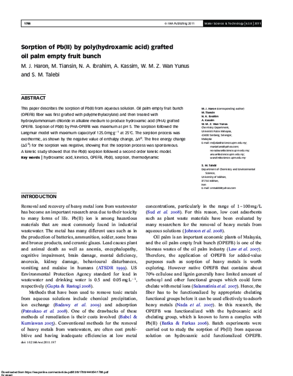 (PDF) Sorption of Pb(II) by Poly(Hydroxamic Acid) Grafted Oil Palm ...