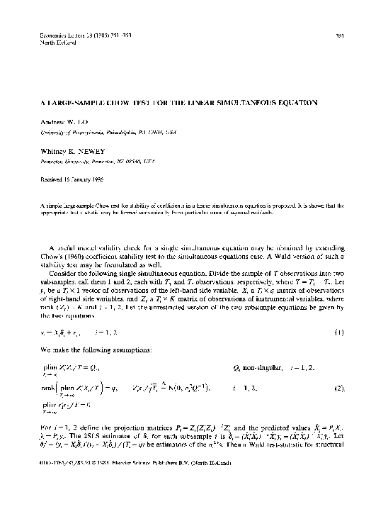 (PDF) A large-sample chow test for the linear simultaneous equation