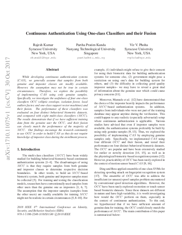 Pdf Continuous Authentication Using One Class Classifiers And Their Fusion