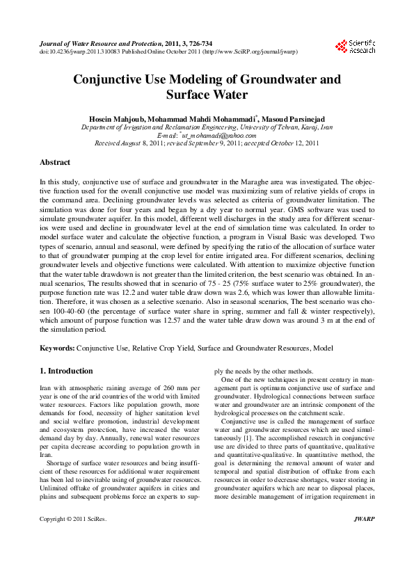 Pdf Conjunctive Use Modeling Of Groundwater And Surface Water
