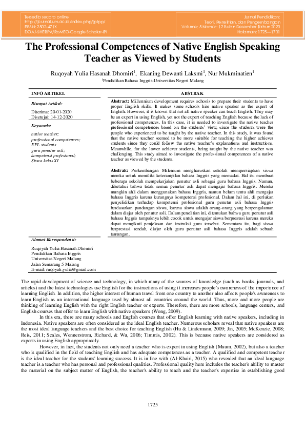 (PDF) The Professional Competences of Native English Speaking Teacher ...