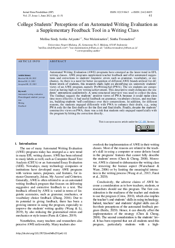 (PDF) College Students' Perceptions of an Automated Writing Evaluation ...