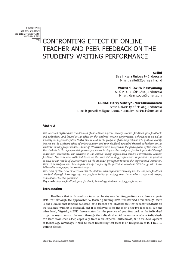 (PDF) Confronting Effect of Online Teacher and Peer Feedback on the ...
