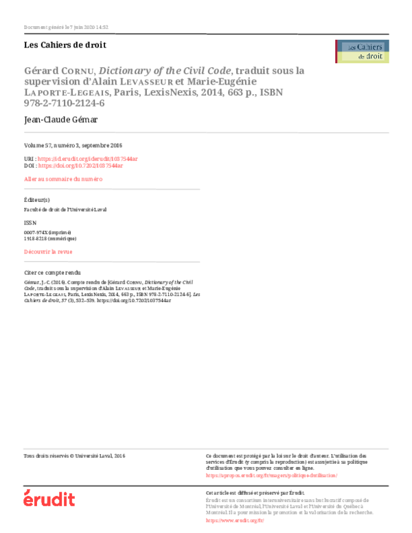 (PDF) Gérard Cornu, Dictionary of the Civil Code, traduit sous la ...