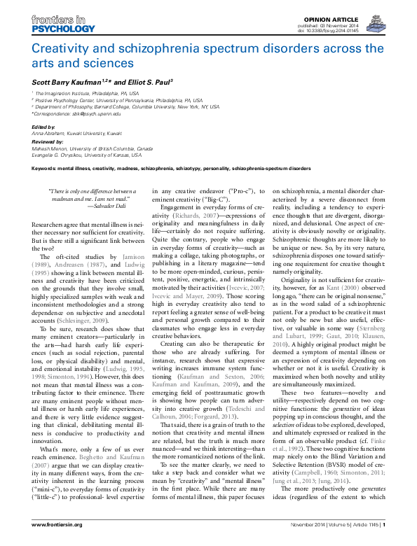 (PDF) Creativity and schizophrenia spectrum disorders across the arts ...