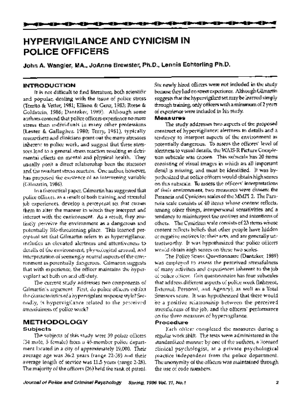 (PDF) Hypervigilance and cynicism in police officers