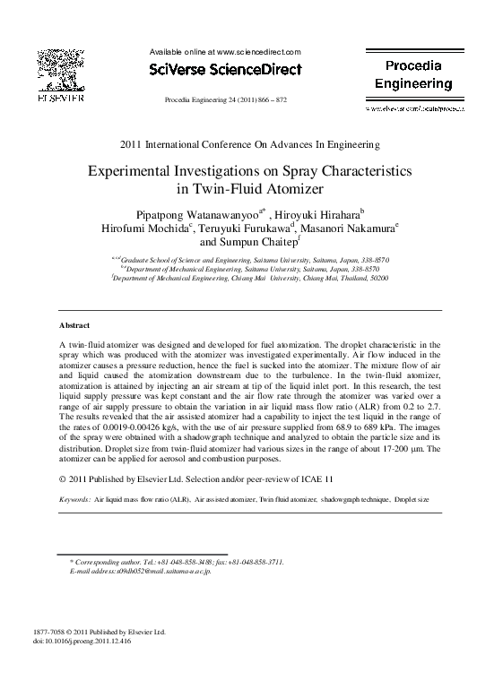 Pdf Experimental Investigations On Spray Characteristics In Twin Fluid Atomizer 裕行 平原