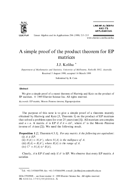 (PDF) A simple proof of the product theorem for EP matrices