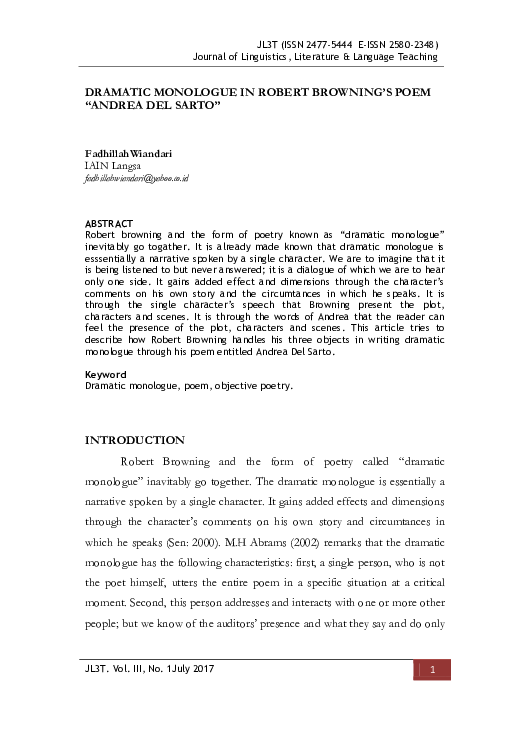 (PDF) Dramatic Monologue in Robert Browning’s Poem “Andrea Del Sarto”