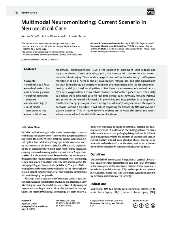 (PDF) Multimodal Neuromonitoring: Current Scenario in Neurocritical Care