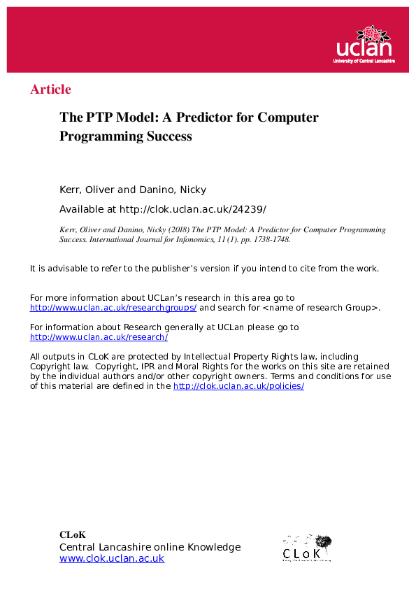 (PDF) The PTP Model: A Predictor for Computer Programming Success