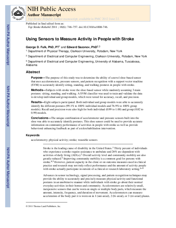 (PDF) Using Sensors to Measure Activity in People with Stroke