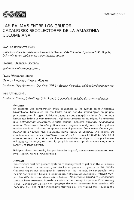 (PDF) Las palmas entre los grupos cazadores-recolectores de la amazonía ...