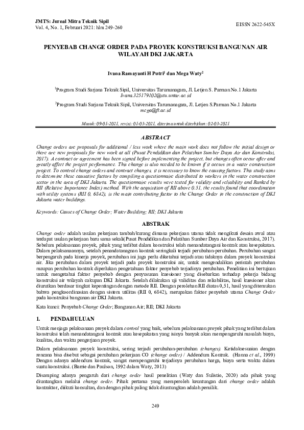 (PDF) Penyebab Change Order Pada Proyek Konstruksi Bangunan Air Wilayah Dki Jakarta