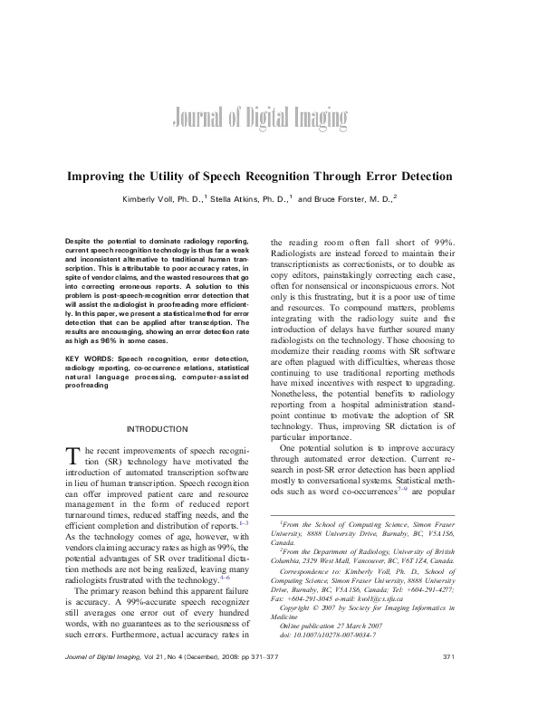 Pdf Speech Recognition Error Detection In Radiology