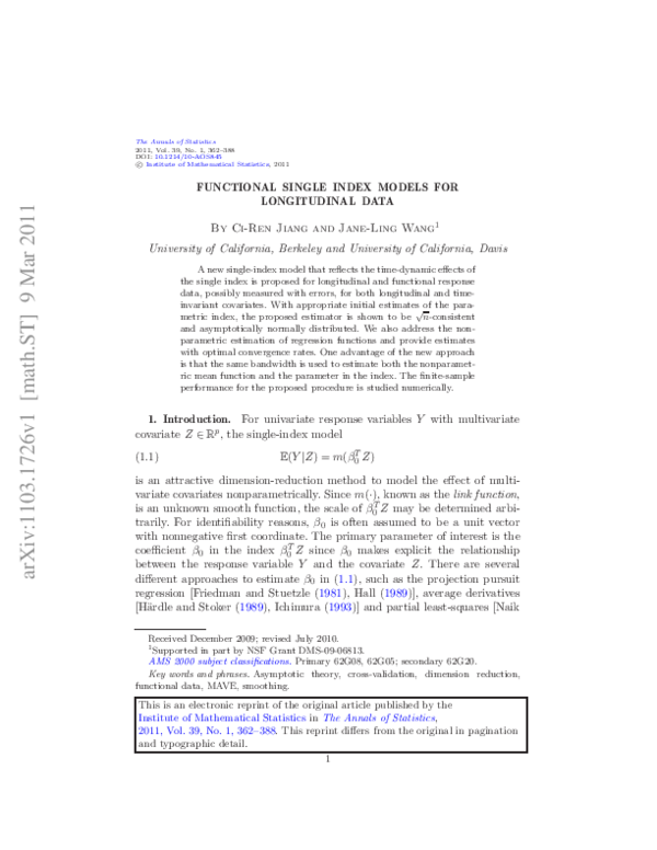 Pdf Functional Single Index Models For Longitudinal Data Jane Ling