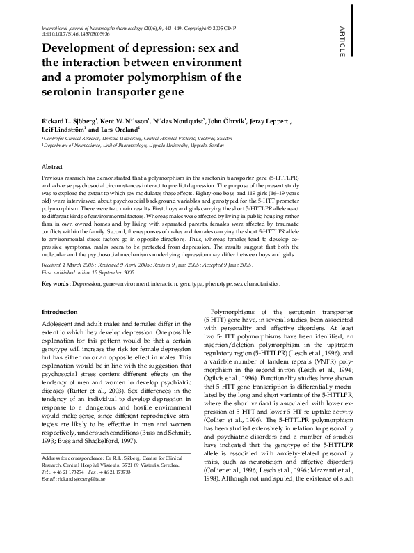 (PDF) Development of depression: Sex and the interaction between ...