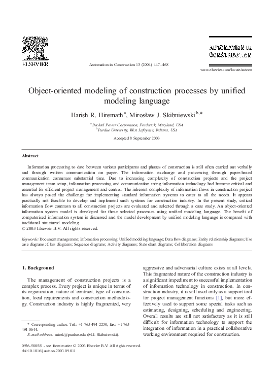 Pdf Object Oriented Modeling Of Construction Processes By Unified Modeling Language