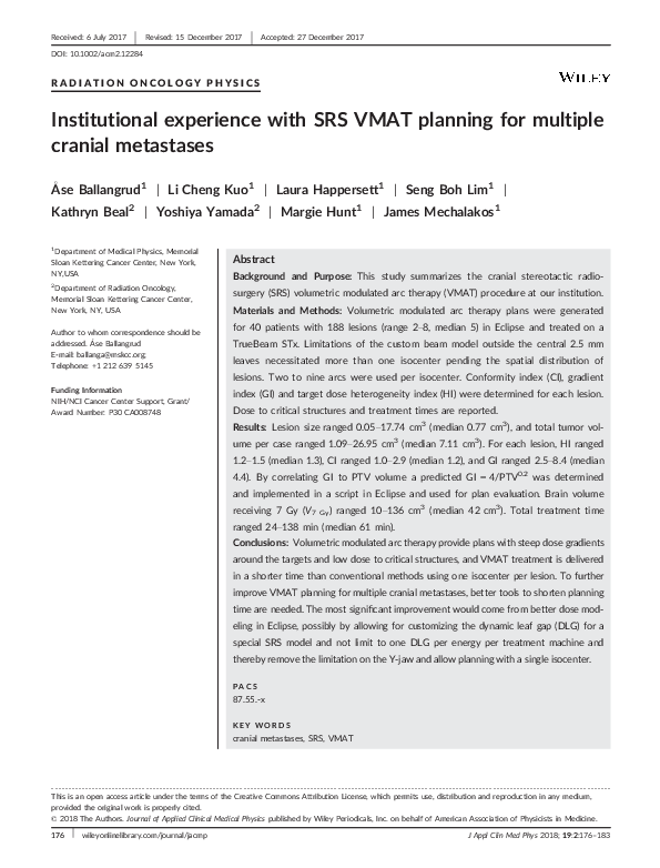 (PDF) Institutional experience with SRS VMAT planning for multiple cranial metastases