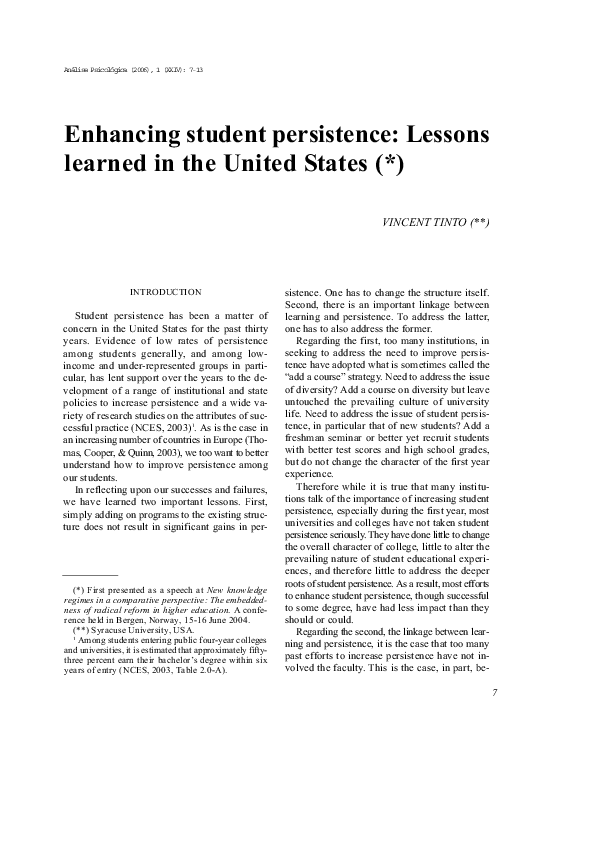 (PDF) Enhancing student persistence: Lessons learned in the United States