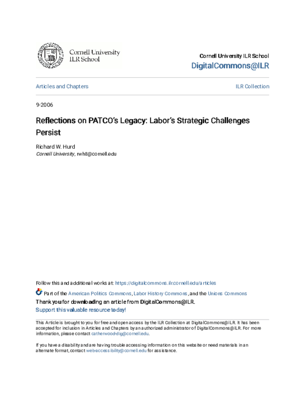 (PDF) Reflections on PATCO’s Legacy: Labor’s Strategic Challenges Persist