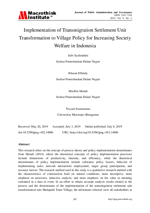 (PDF) Implementation of Transmigration Settlement Unit Transformation ...