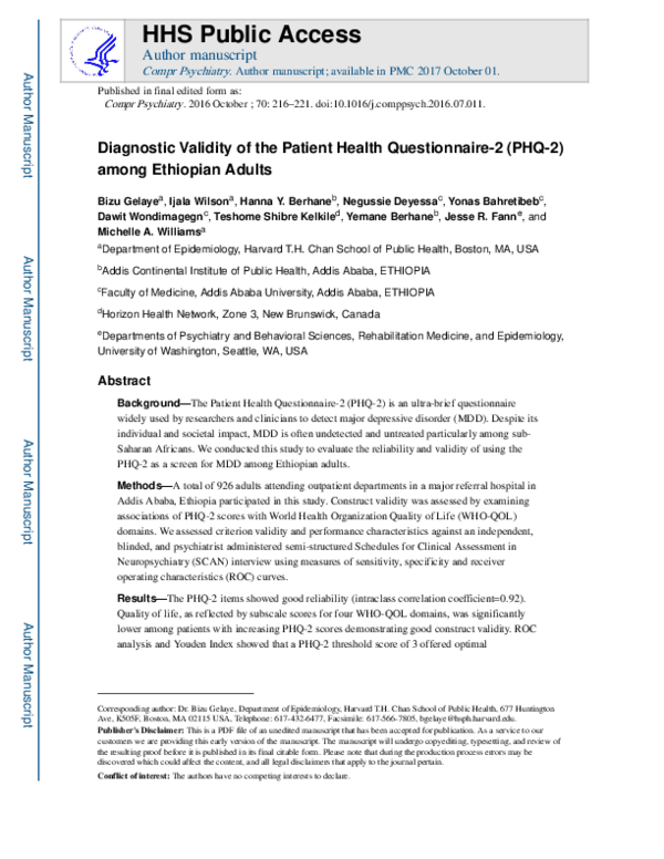 (PDF) Diagnostic validity of the Patient Health Questionnaire-2 (PHQ-2 ...