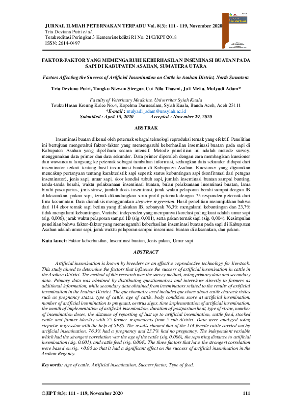 (PDF) Faktor-Faktor Yang Memengaruhi Keberhasilan Inseminasi Buatan Pada Sapi DI Kabupaten ...