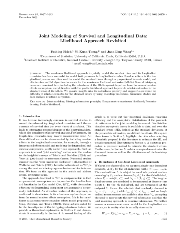 Pdf Joint Modeling Of Survival And Longitudinal Data Likelihood Approach Revisited