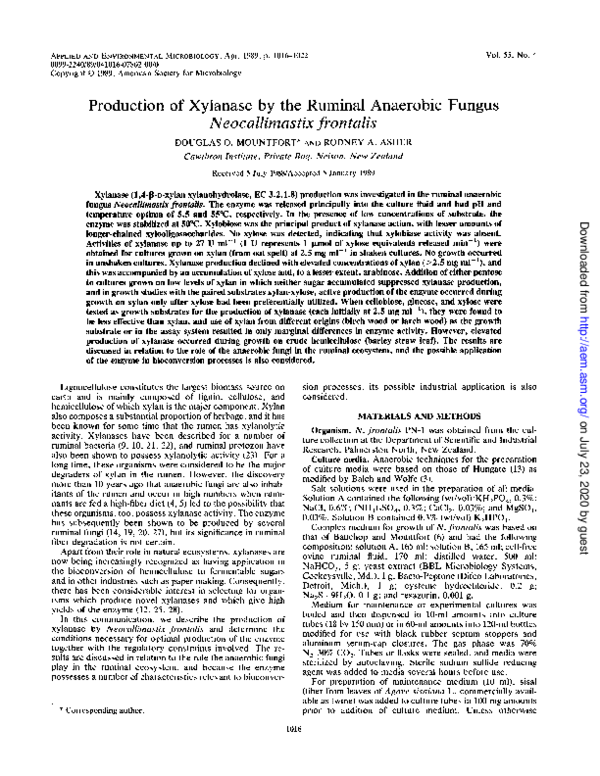 (PDF) Production of xylanase by the ruminal anaerobic fungus ...
