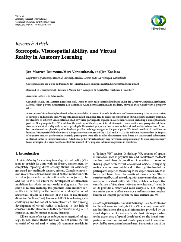 Pdf Stereopsis Visuospatial Ability And Virtual Reality In Anatomy Learning Jan Maarten