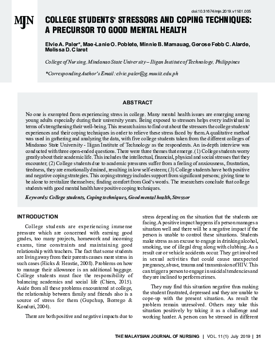 (PDF) College Students’ Stressors and Coping Techniques: A Precursor to ...